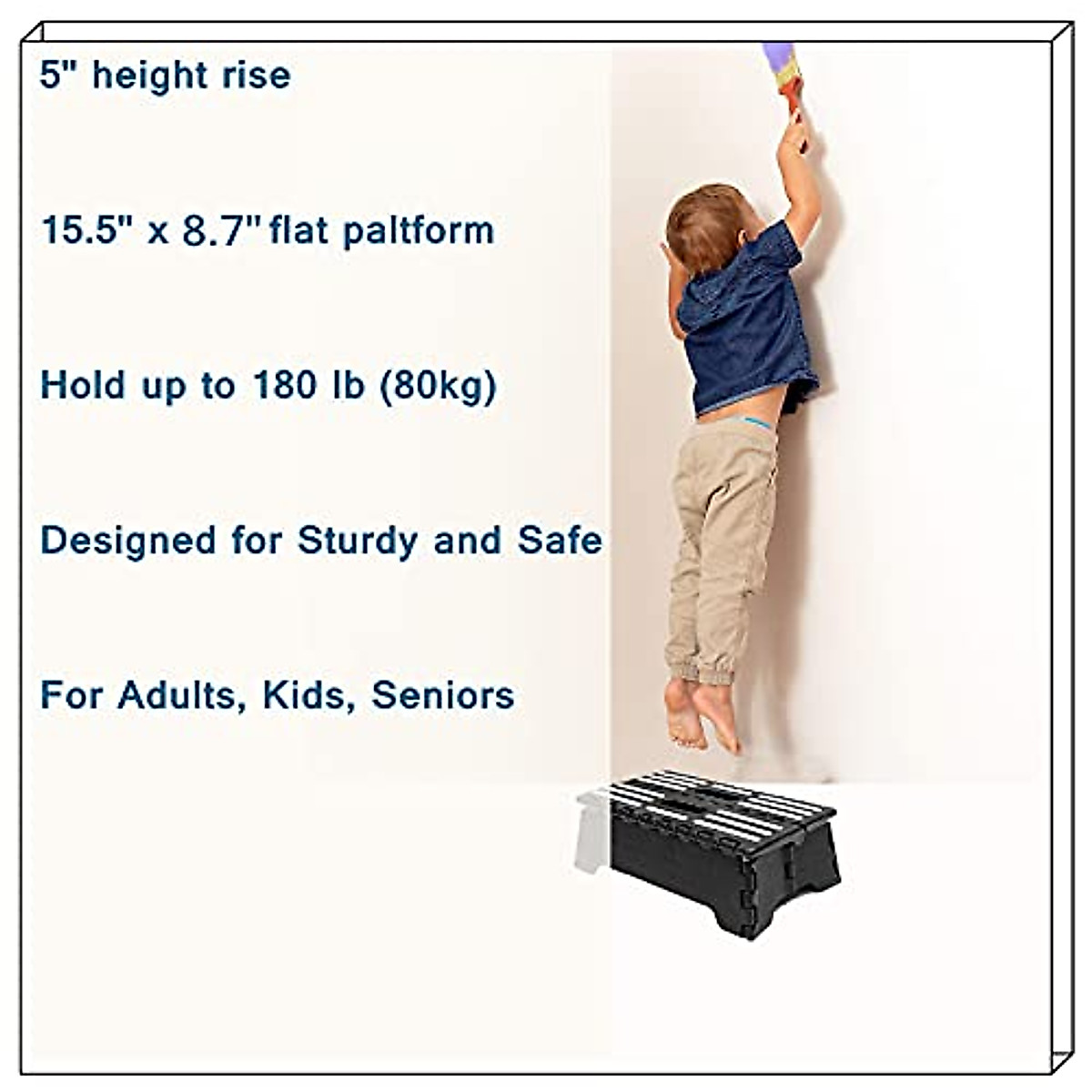 Portable Folding Step Stool 5”, Lightweight Plastic Short Stool Sturdy and Safe, Half Step Height Boost for Seniors and Kids, One Flip Low Step Riser with Handle