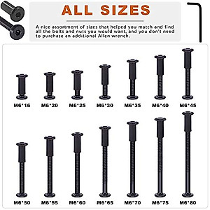 Rustark 12 Set M6x75mm Black Hex Drive Socket Cap Bolts Kit Carbon Steel Allen Head Countersunk Furniture Crib Bolts Nuts with Free Hex Key for Chairs Bed Cribs Furniture