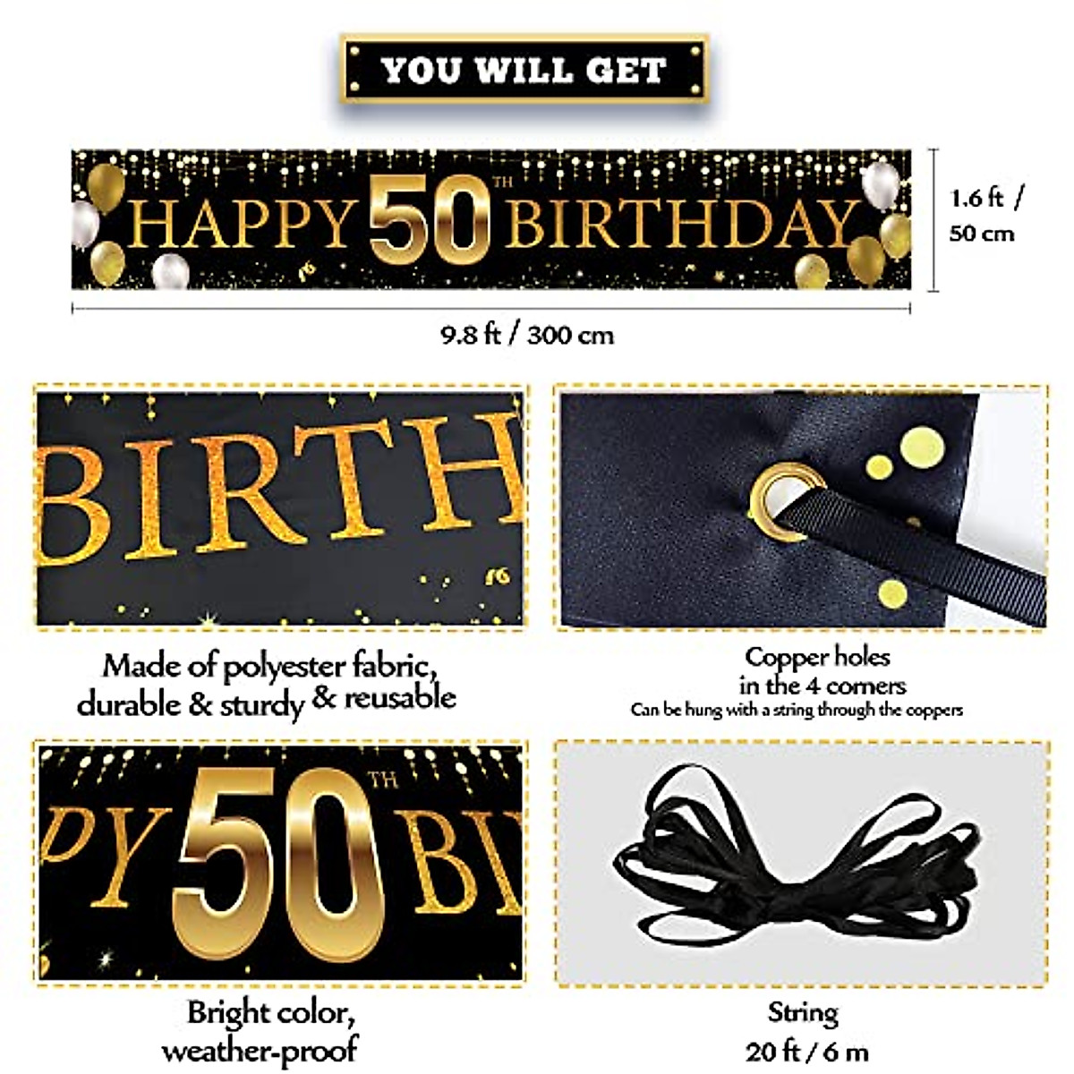 50th Birthday Decorations Yard Banner, Black Gold Happy 50th Birthday Decorations for Men Women, 50 Years Old Birthday Party Backdrop, 60 Birthday Sign for Outdoor Indoor, Fabric Vicycaty