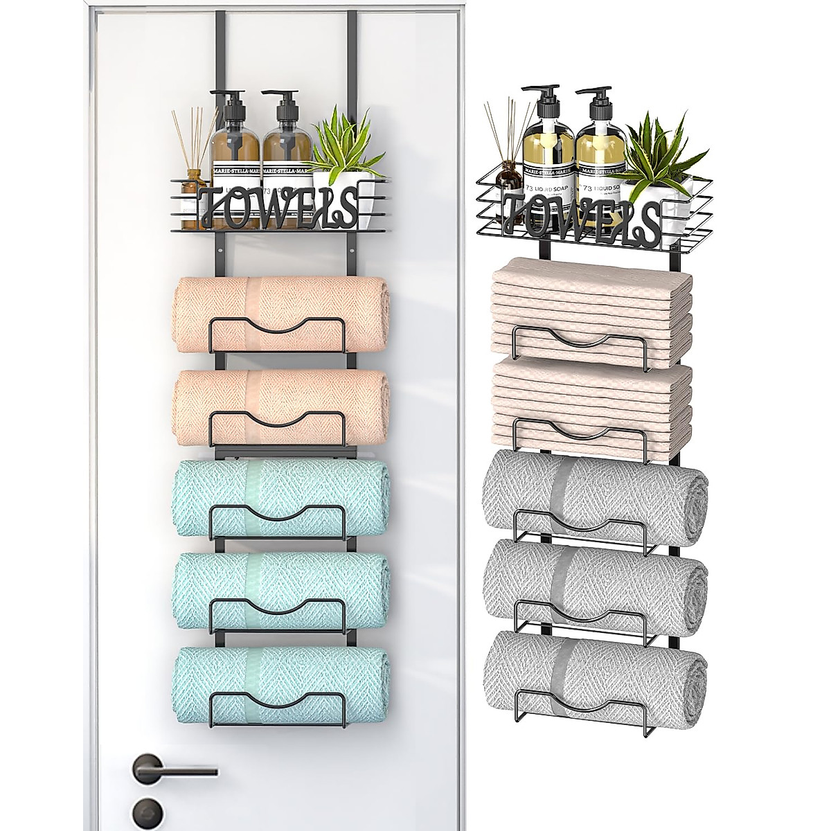 Over The Door Towel Racks for Bathroom,6-Tier Rolled Or Folded Towel Rack Wall Mounted with Metal Shelf, Bathroom Towel Holder Organizer for Bath, Hand Towels, Black