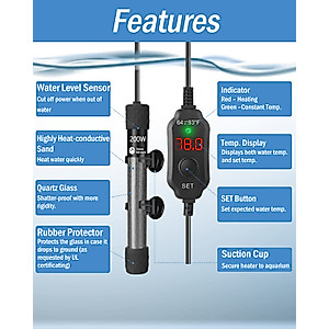 AquaMiracle Adjustable 200W Aquarium Heater Submersible Fish Tank Heater Super Short Aquarium Heater with LED Digital Display Thermostat, for Tanks 20-40 Gallons