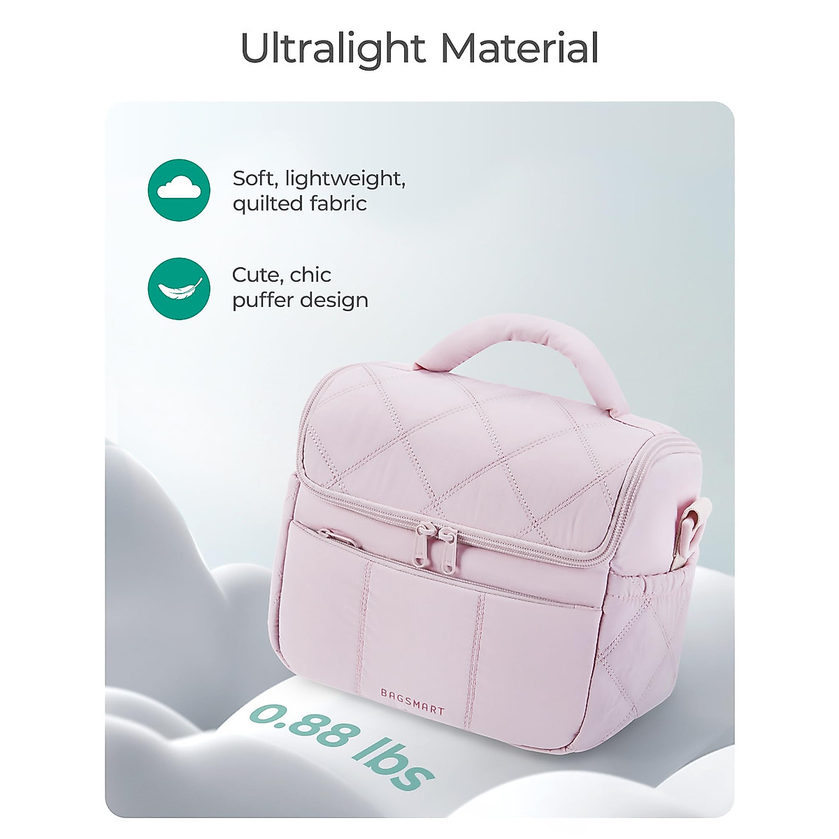 BAGSMART Insulated Lunch Bags for Women, Cute Quilted Lunch Box, Lightweight Puffy Padded Waterproof Lunch Tote, Reusable Lunch Cooler for Work Picnic Travel, Pink