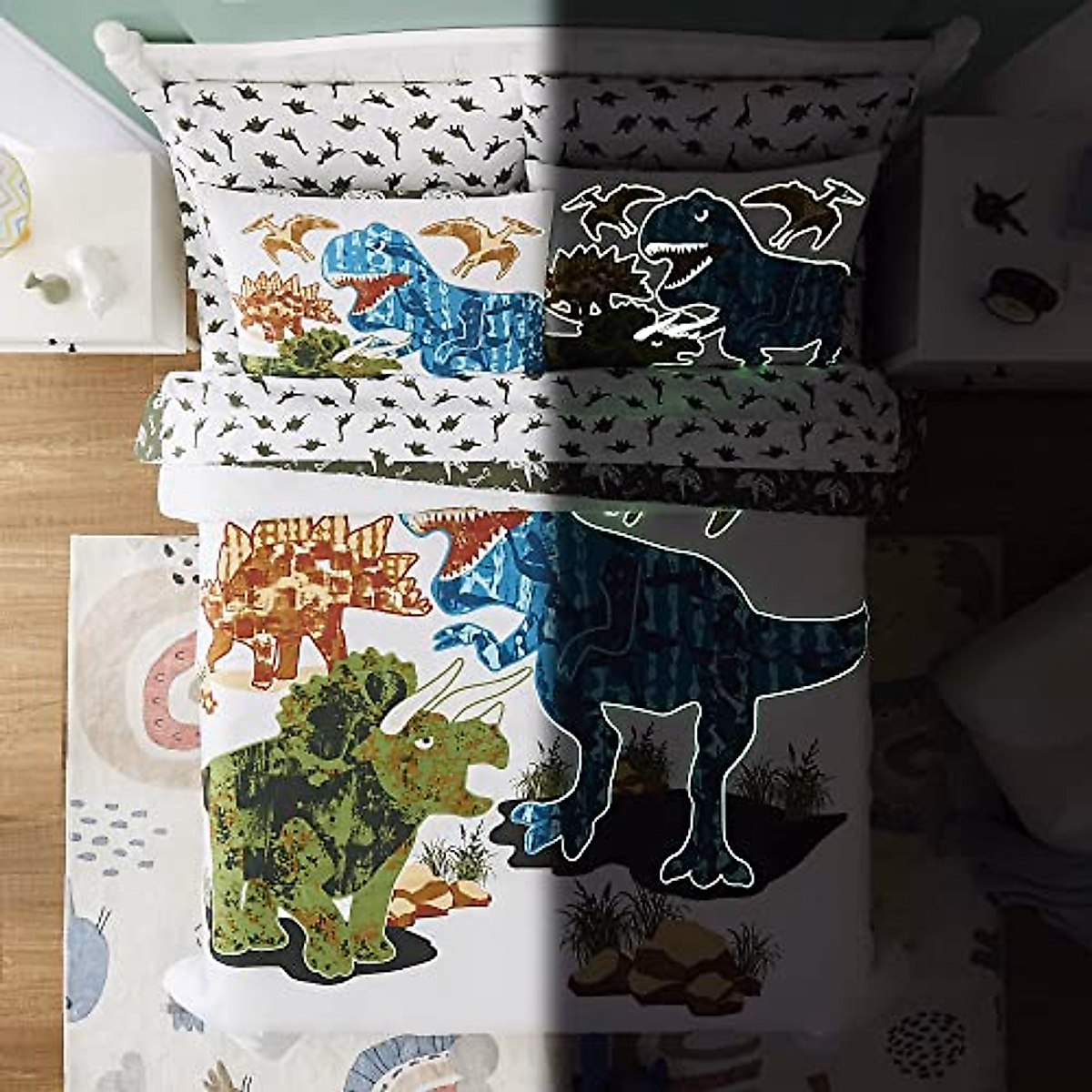 Kaleido Space KALEIDOSPACE Gilrs Boys Bedding Sets Twin, 5 Piece Glow in The Dark Dinosaur Bed in A Bag-1 Comforter,1 Pillow Sham, 1 Pillowcase, 1 Flat Sheet, 1 Fitted Sheet