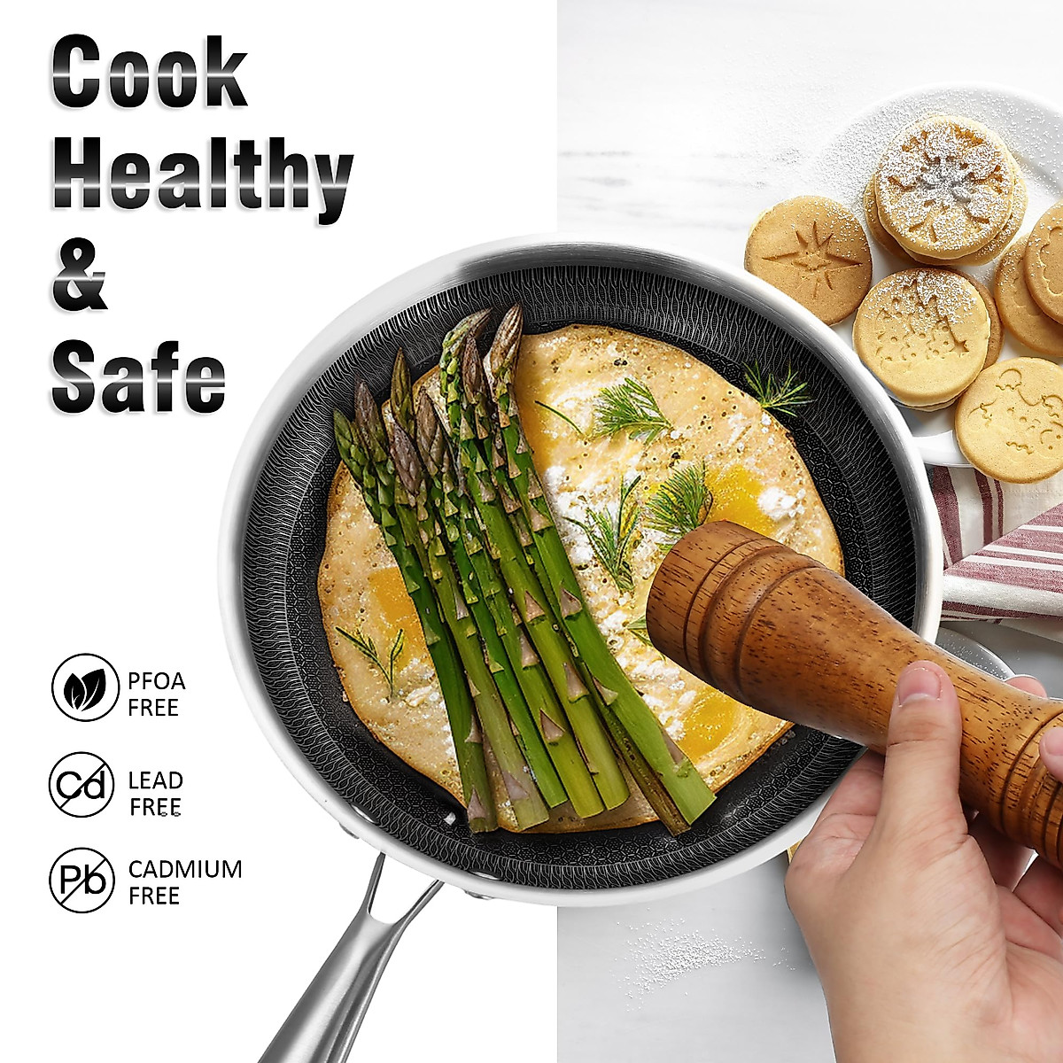 AuFranc® Hybrid Nonstick 9.5 Inch Stainless Steel Frying Pan, Induction Fry Pan with Honeycomb Carving, Non-stick Skillet Suitable for All Cooktops, Stay-Cool Handle, Non-Toxic, Dishwasher & Oven Safe