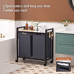 Homykic Laundry Hamper with Wheels, 100L Pull-Out Laundry Basket with Shelf, 2-Section Laundry Sorter Cart with Removable Laundry Bags 4 Hooks for Clothes, Bamboo Top and Metal Frame, White+Black