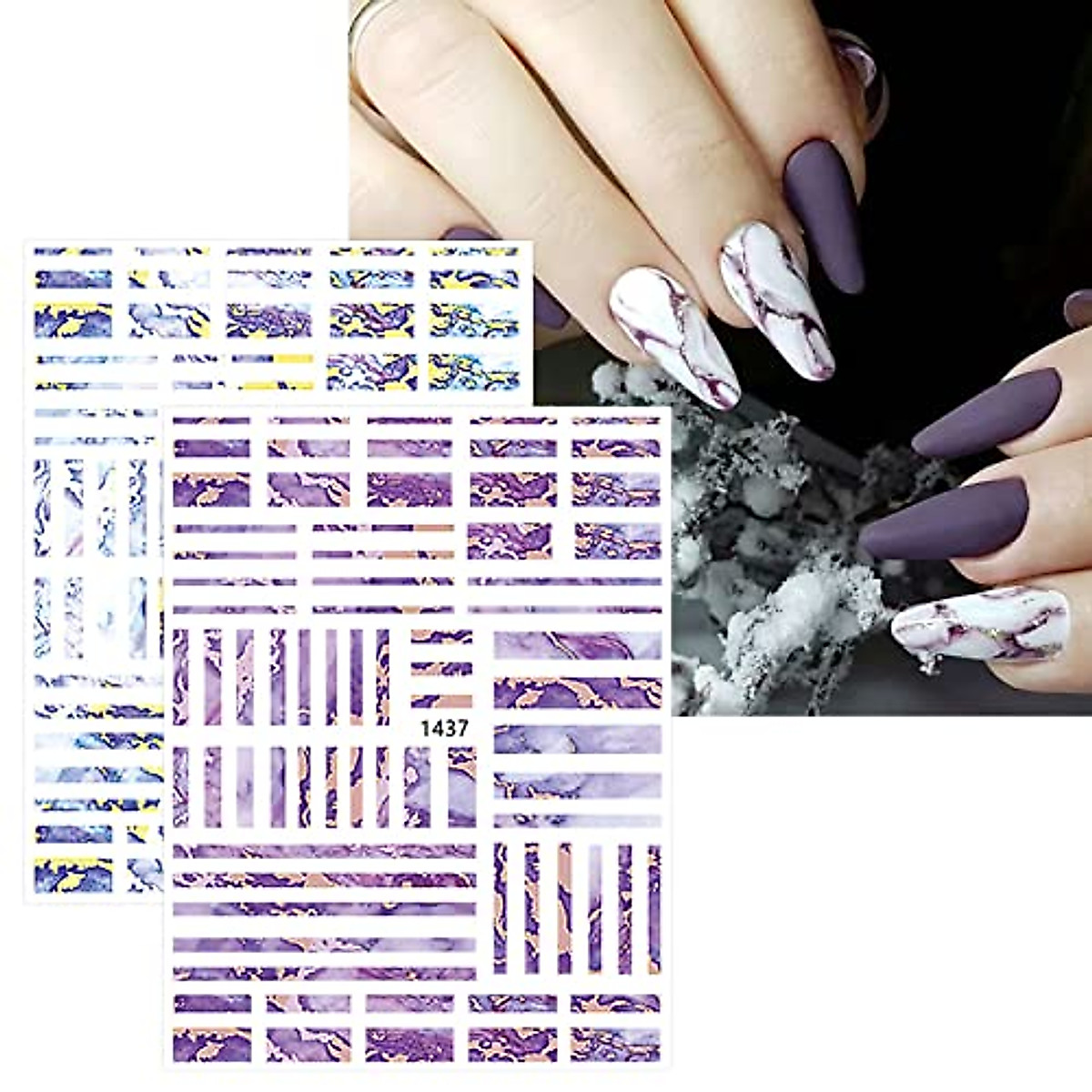 JMEOWIO 12 Sheets Marble Nail Art Stickers Decals Self-Adhesive Pegatinas Uñas French Tip Wave Line Nail Supplies Nail Art Design Decoration Accessories