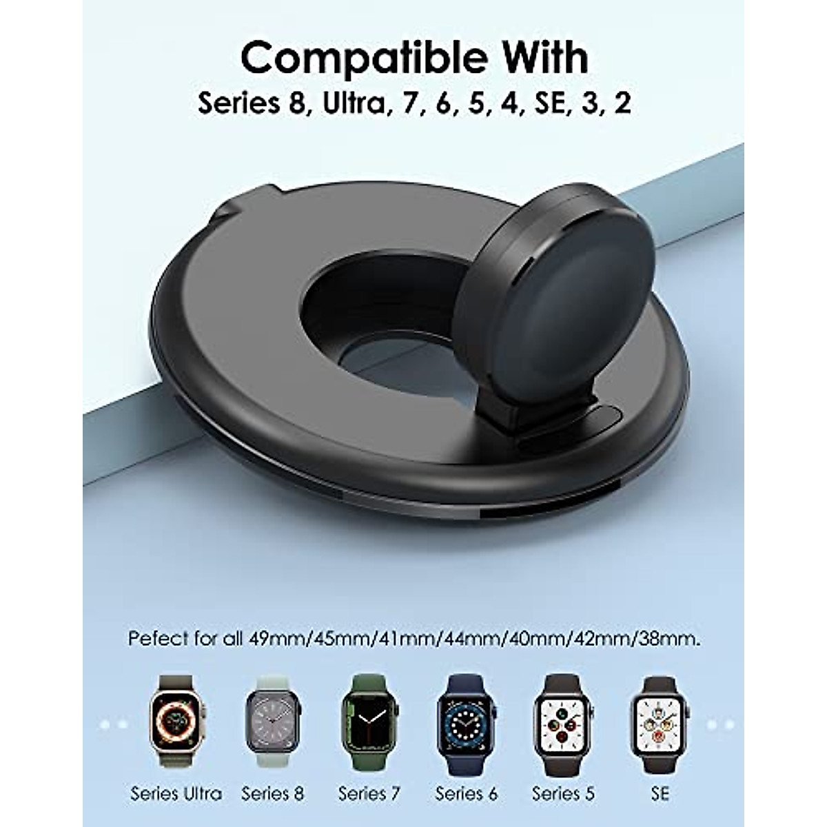 Charger Dock Compatible with Apple Watch, Foldable Magnetic Wireless Charging Station Stand with USB C Cable Accessories Compatible for iWatch Series Ultra/8/7/6/5/3/2/SE, Black