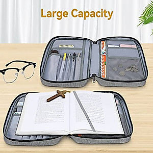 QASMANA Bible Cover, Standard Size Polyester Bible Case with 4 Highlighters, Internal Compartments and Zippers, 10x7x2 Inches, (Gray)