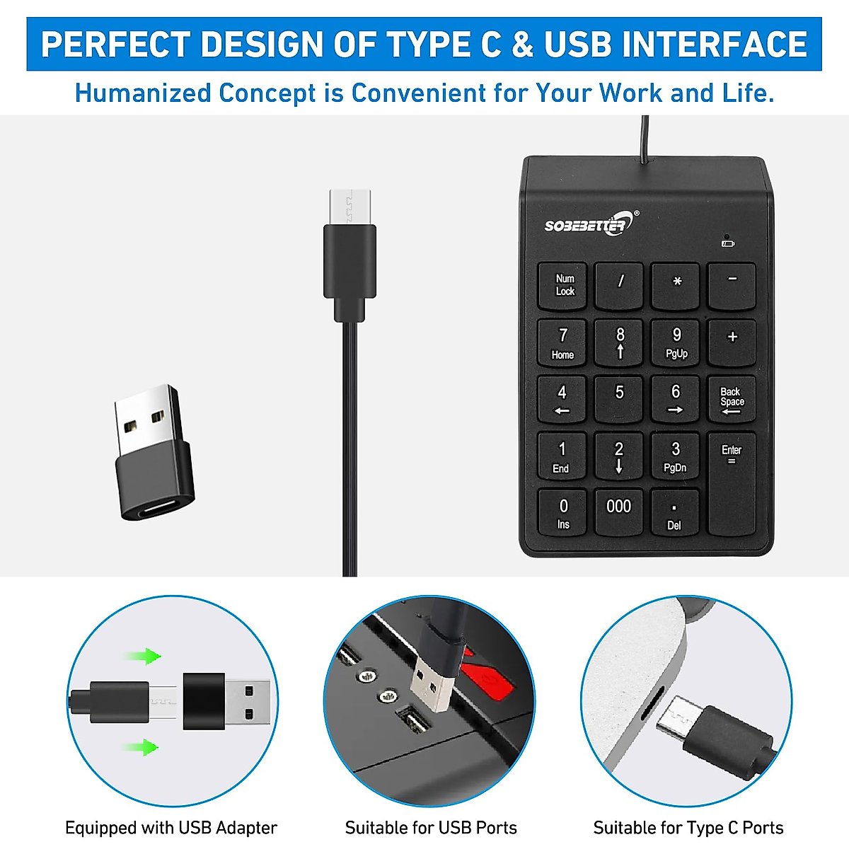 Huifen Type C Number Pad, USB Numeric Keypad 19 Keys Plug & Play Financial Accounting Numpad Office Home Portable Mini Keypad Slim Number Keyboard for Laptop Phone PC Tablet Notebook (Black)