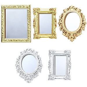 5 Pieces Miniature Dollhouse Mirror European Frame Mirror Dollhouse Victorian Baroque Wall Mirror Miniature Bedroom Mini Furniture Accessory for 1/12 Dollhouse Decor, Gold and Silver (Elegant Style)