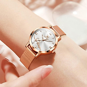 OLEVS Ladies Watch Fashion Rose Gold Diamond Analog Quartz Female Luxury Dress Wrist Watch Stainless Steel Luminous Waterproof Date Gift Watch for Women White Face reloj para Mujer