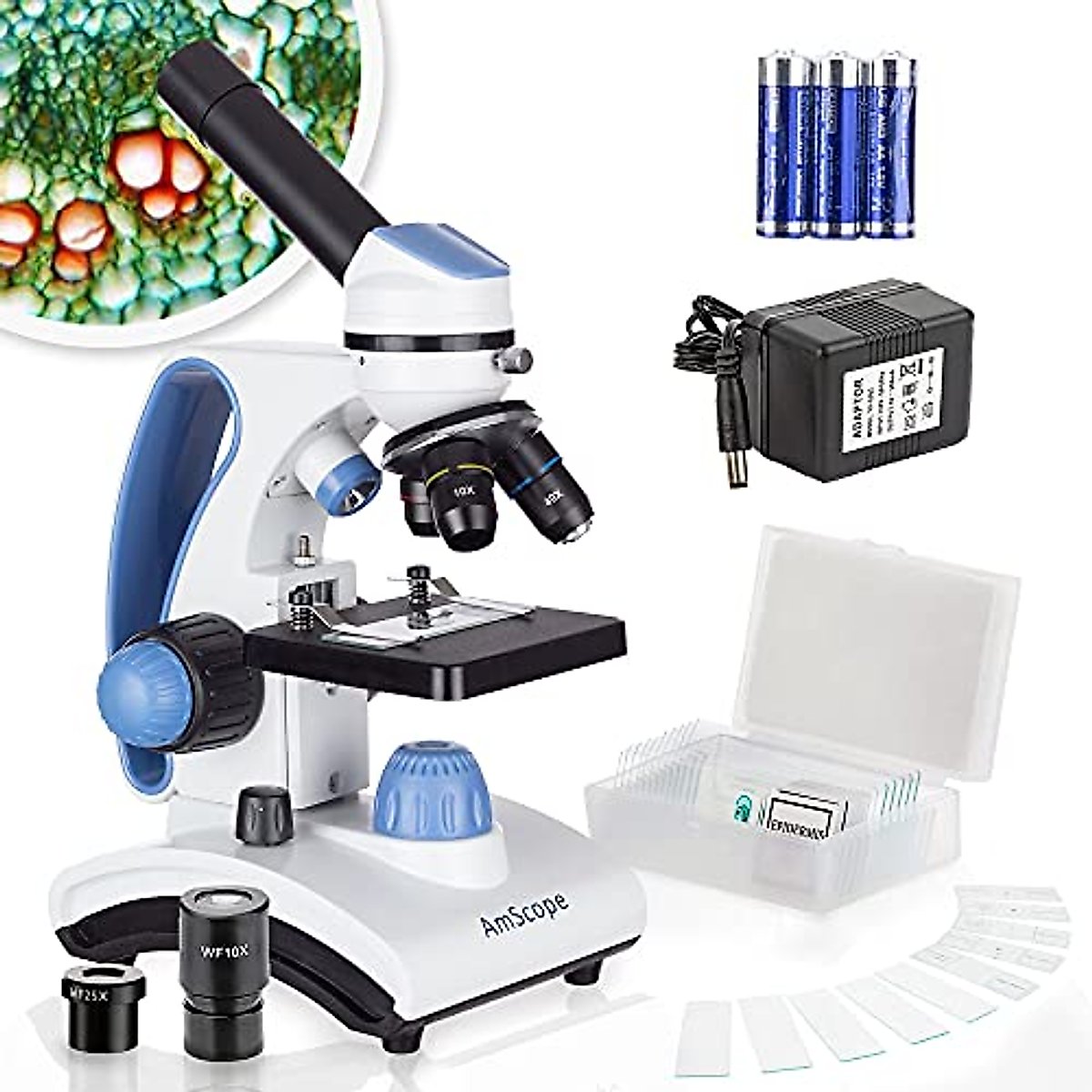AmScope M162C-2L-PB10-WM Awarded 2018 Best Students and Kids Microscope Kit & SP-14 Microscope Slide Preparation Kit Including Stains