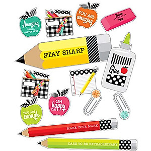 Schoolgirl Style Black, White and Stylish Supplies Bulletin Board Set?Notepad, Pencils, Pencil Pouches, Apple, Paper Clips, Scissors, Eraser, Glue Cutouts (23 pc)