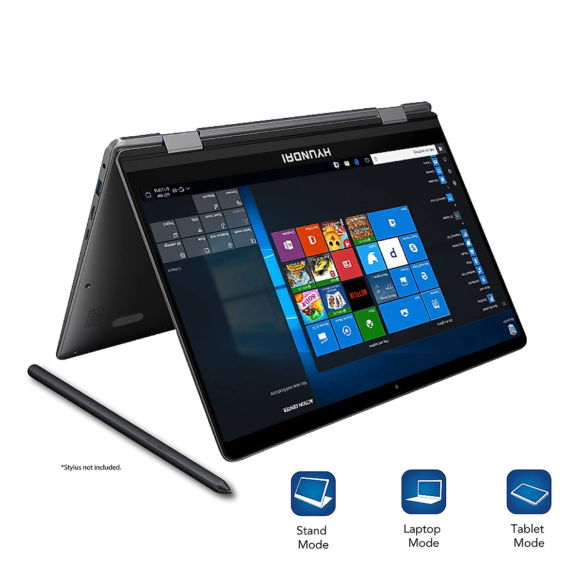 HYUNDAI HY HyFlip 13.3 inch Touch Screen Laptop, Intel Apollo Lake Celeron N3350, 4GB RAM, 64GB eMMC, Windows 10 Home S, MicroSD Slot, 13.3" 1920x1080 FHD Display, WiFi & Bluetooth Space Grey, 5000mAh