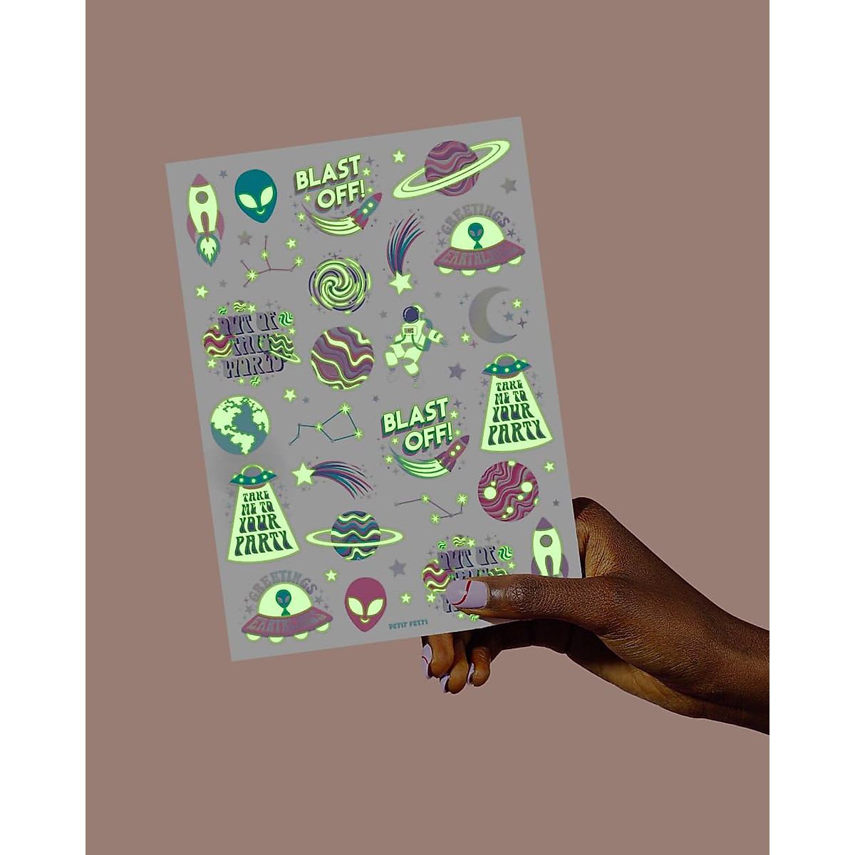 xo, Fetti Space + Planets Glow in Dark Temporary Tattoos for Kids - 50 pcs | Alien Birthday Party Supplies, Astronaut Favors + Rocket ship Decorations