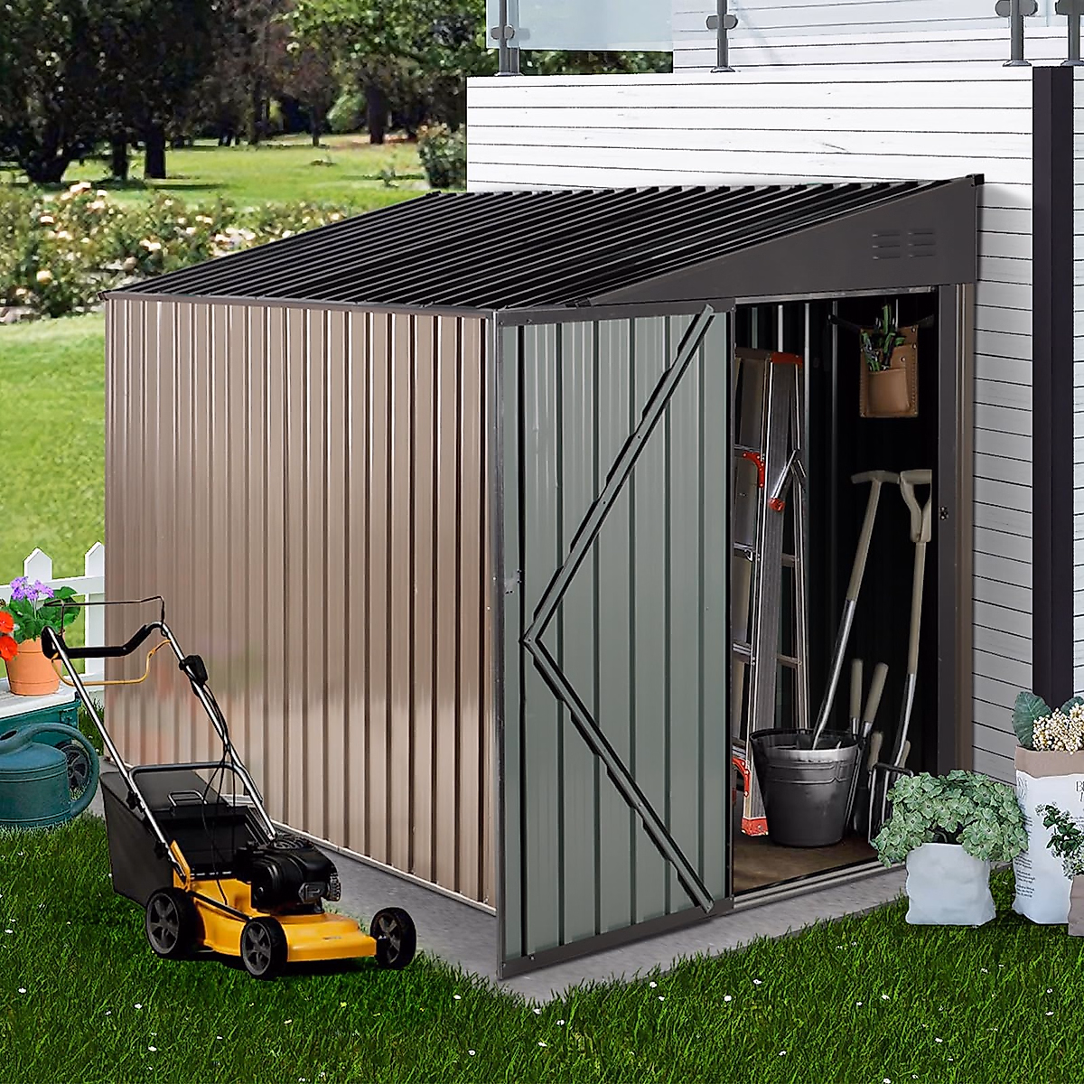 GRAVFORCE Outdoor Storage Shed 4 x 8 FT, Metal Garden Sheds Tool Shed Outdoor Storage Lean to Shed with Single Lockable Door for Patio, Backyard, Outdoor (Brown)
