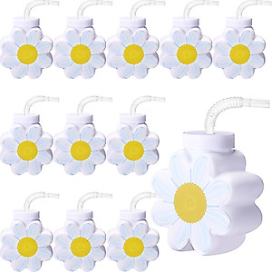 Domensi 12 Pcs Daisy Flower Cups with Lids and Straws, 10 oz Daisy Flower Plastic Cups for Daisy Birthday Party, Daisy Themed Party, Wedding Baby Shower Party Decorations Supplies