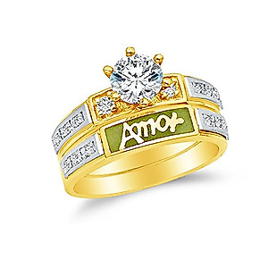 Size - 8 - Solid 14k Two 2 Tone White and Yellow Gold CZ Cubic Zirconia Round Cut Engagement Ring and Green Enamel Amor Wedding Band Bridal Set (0.8 ct.)