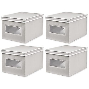 mDesign Large Fabric Stackable Closet Storage Organizer Box, Front Window/Lid for Bedroom, Office, Mudroom Organization, Hold Clothes, Blankets, Linens, Jane Collection, 4 Pack, Light Gray/White