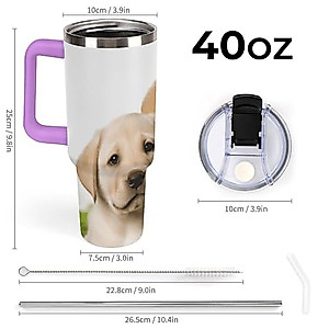LLUTSNTH 40 Oz Vacuum Tumbler with Violet Handle Leakproof Insulated Tumbler Funny Labrador Puppy Dog Stainless Steel Travel Mug with Lid And Straw Coffee Cup Cute Water Bottles Cup Holder Friendly