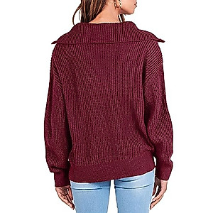 KIRUNDO Women's 2023 Fall Winter Long Sleeve Quarter Zip Pullover Casual V Neck Ribbed Knit Sweaters Jumper Tops(Wine Red, Medium)