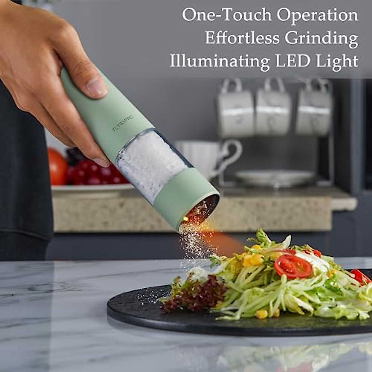 Electric Salt and Pepper Grinder Set, USB Rechargeable, Automatic Salt and Pepper Mill Grinder with Adjustable Coarseness, Electric Salt Shakers, LED Light, Refillable, Kitchen Gadgets (2 Packs, Sage)