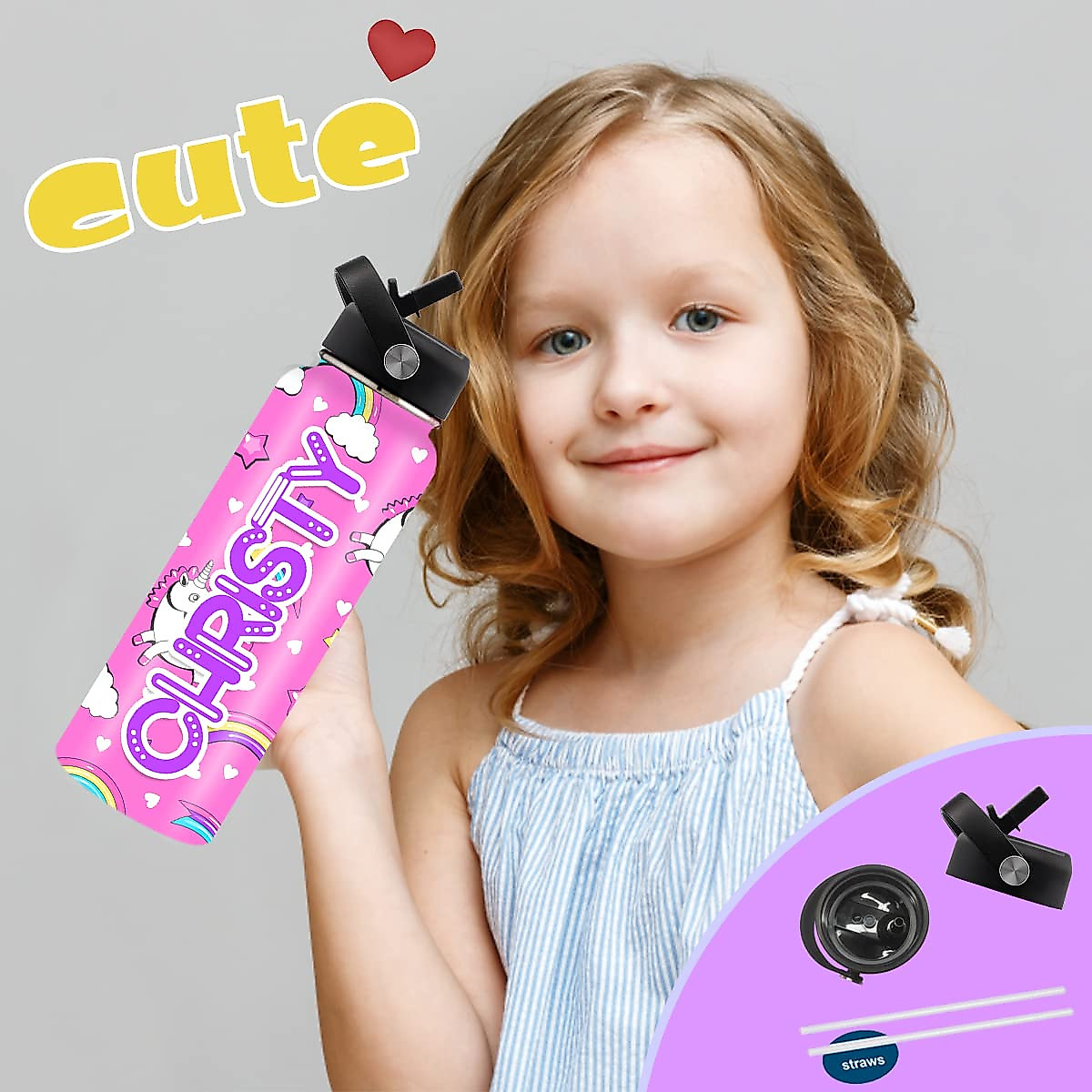 MESHELEY Personalized Water Bottles Custom for Women Men Girls Boys with Straw Names Photo Customized Water Bottle Gifts for Mom Dad Mother's Day Father's Day Graduation School Sports