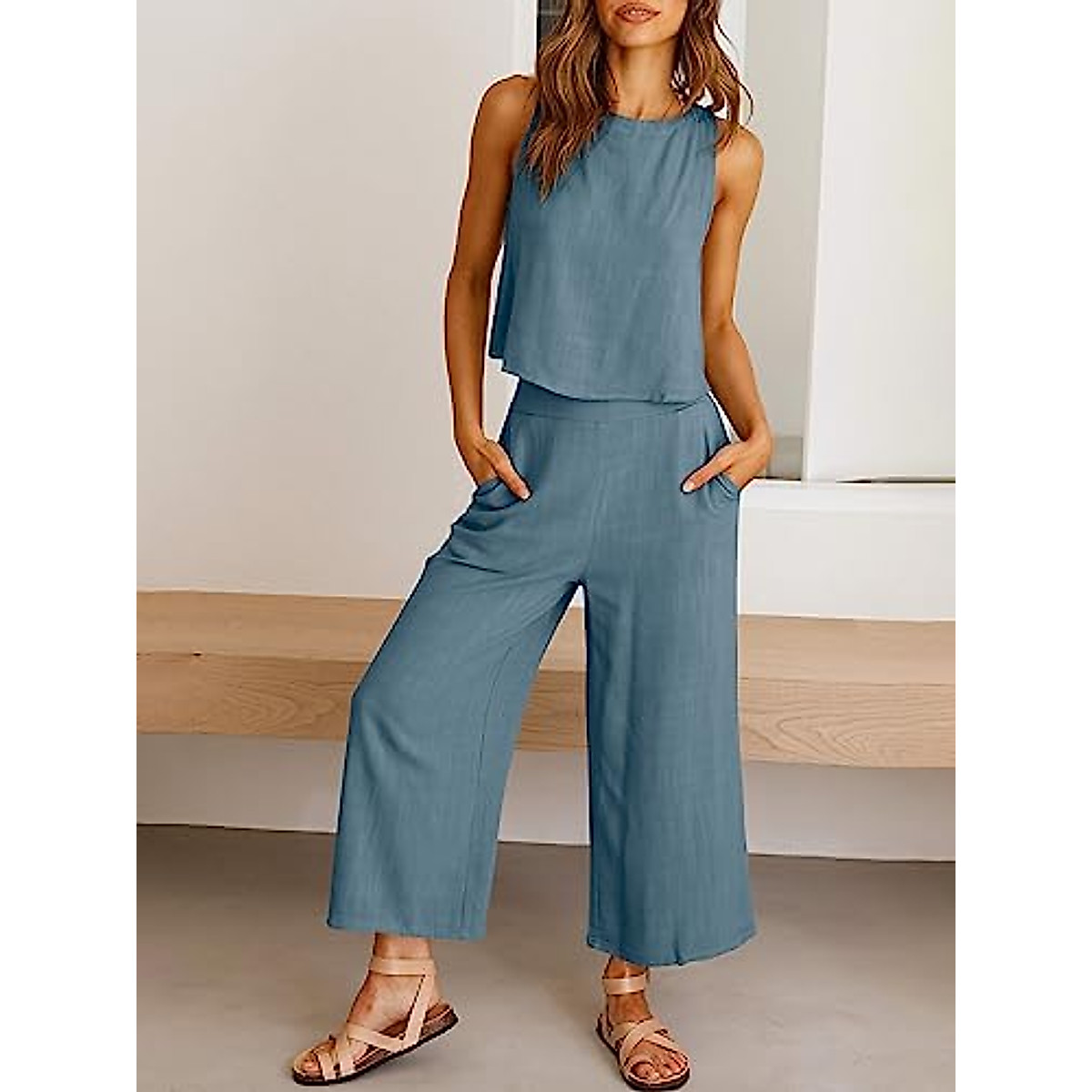 ANRABESS Women's 2 Piece Outfits Summer Sleeveless Tank Crop Button Back Top Cropped Wide Leg Pants Set Matching Loungewear Set Spring Clothes Beach Vacation 546Hulv-M