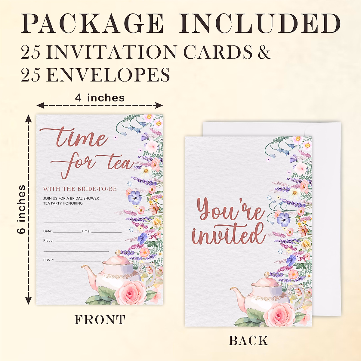 YKYENR Floral & Teapots Bridal Shower Invitations - Time For Tea - 4 x 6 Inches Invites (25 Cards & Envelopes) For Wedding Showers, Newlyweds Parties And Receptions - A06
