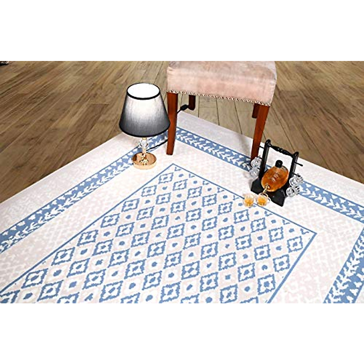 Furnish my Place Bordered Transitional Rug - 7 ft. 8 in. x 11 ft, Light Blue, Accent Rug with Geometric Pattern