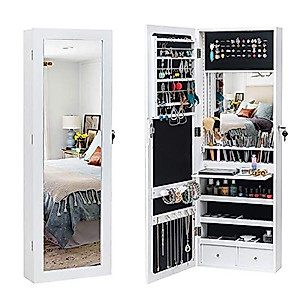 NALLBEIRRAA Jewelry Armoire Cabinet Full Length Hanging Mirror, Makeup Storage Organizer, Wall Mounted, w/Interior Mirror, LED Lights, Lock, Brush Holders, 4 Shelves (White3) …