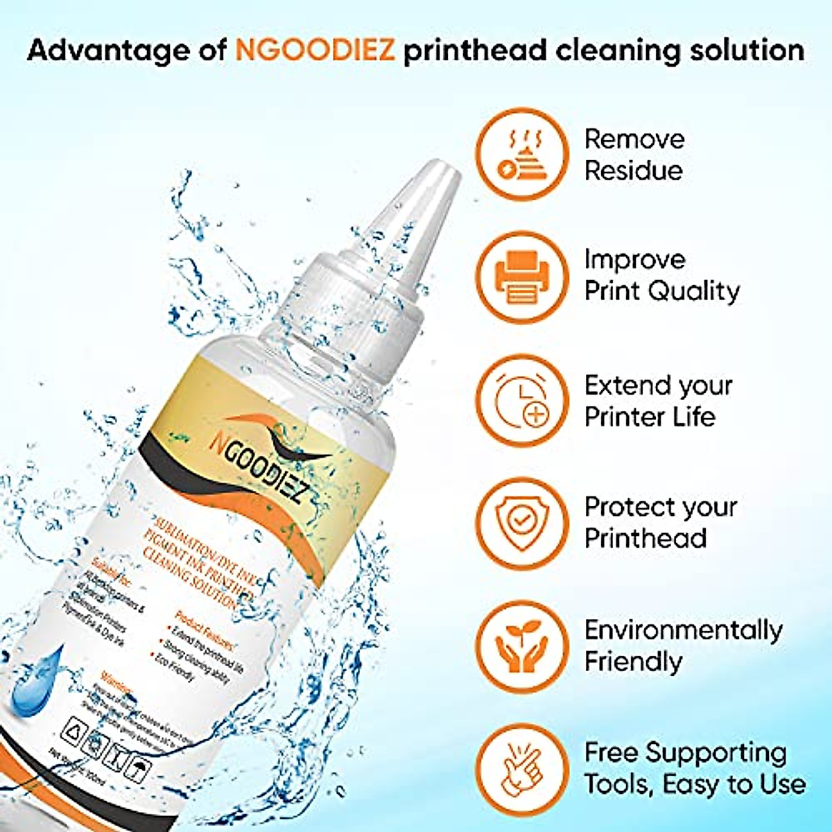 NGOODIEZ Printhead Cleaning Kit for Inkjet Printers Epson, HP, Brother, or Canon - Universal Print Head Cleaner Kit for Printer Nozzle - Works on Sublimation Ink, Pigment Ink, and Dye Ink (100mL)