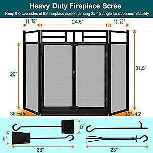 AMAGABELI GARDEN & HOME 3 Panel Folding Fireplace Screen with Doors Large Flat Guard Tools Outdoor Metal Decorative Mesh Solid Wrought Iron Fire Place Wood Burning Stove Accessories Black