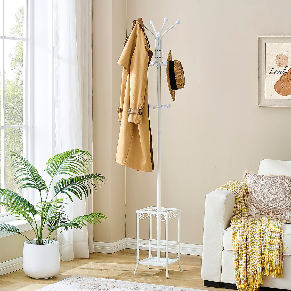 Hoctieon Coat Rack Freestanding, Entryway Coat Hanger Stand, Umbrella Holder, Hall Tree With 12 Hooks, Floor Standing Metal Tree Stand, White