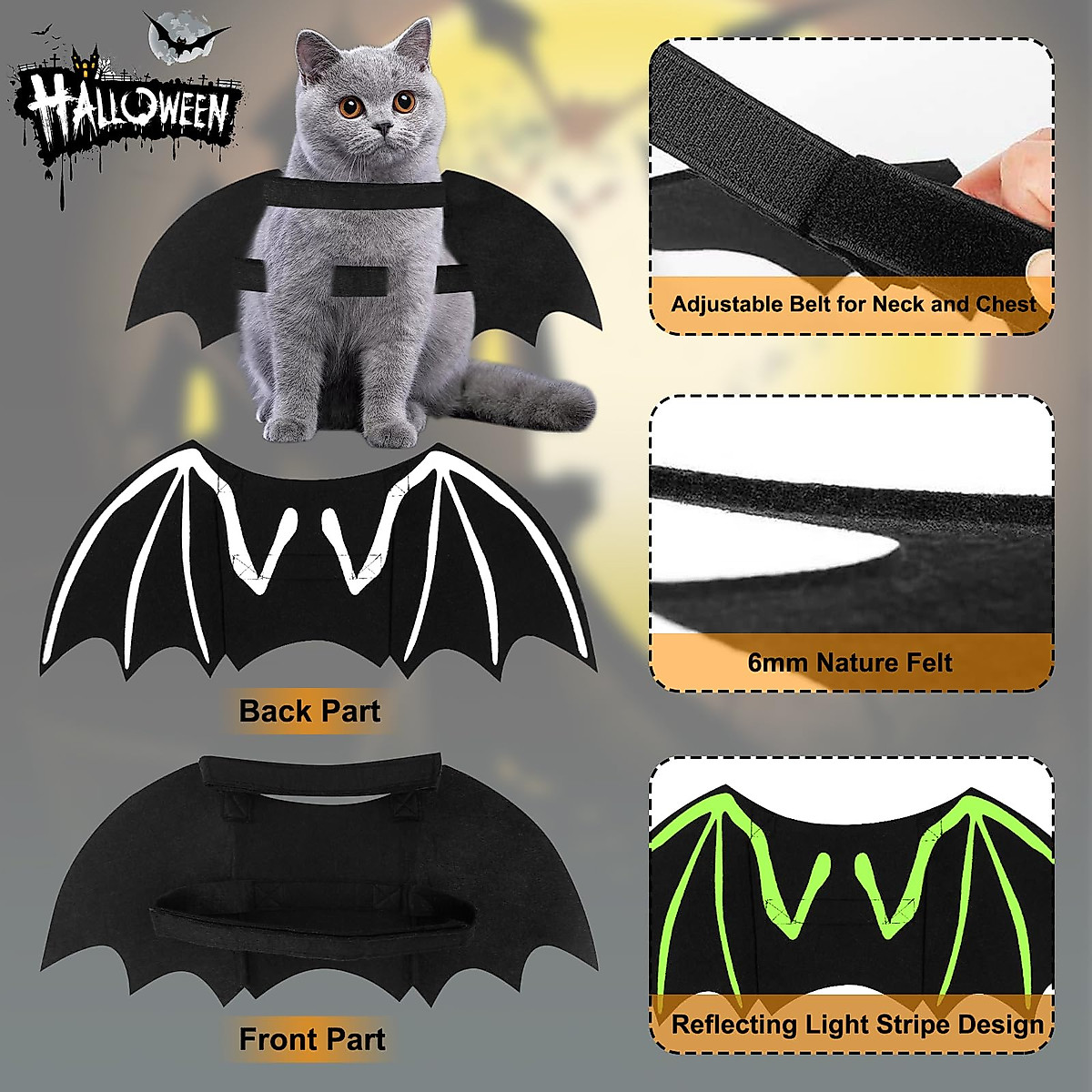 Newthinking Halloween Dog Bat Costume, Cat Bat Wings Costume, Pet Halloween Costumes, Skeleton Bone Bat Wing Apparel Accessories for Kitten Puppies