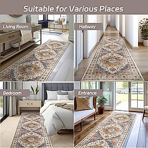 Madane Hallway Runner Rug 2x12, Extra Long Washable Runner Rugs with Rubber Backing, Non Slip Carpet Runner, Vintage Rug Runners for Kitchen Laundry Room Entryway (Turmeric/Grey, 2'x12')