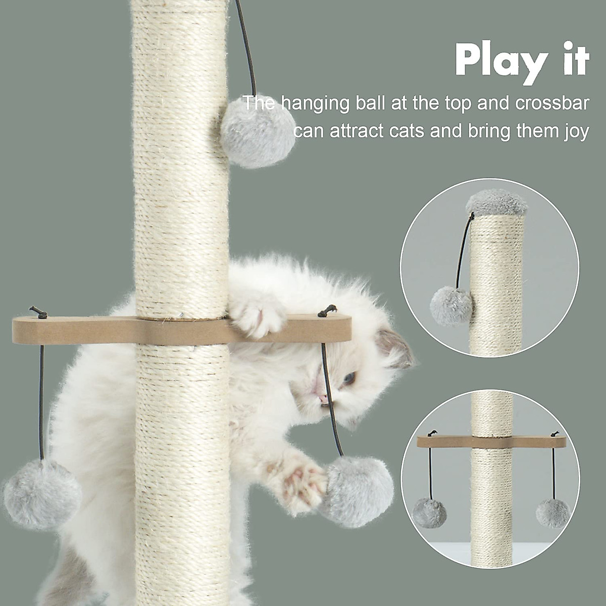PAWSFANS Cat Scratching Post,Small Scratch Post for Indoor Kittens and Small Size Cats,with Hanging Ball Toys,21inches,Grey