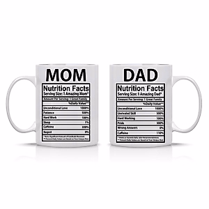 AW Fashions Mom & Dad Nutritional Facts 11oz White Ceramic Funny Couple Coffee Mugs Set For Husband and Wife Him And Her Gifts Mr & Mrs Gift Anniversary Mom and Dad Present Tea Cup