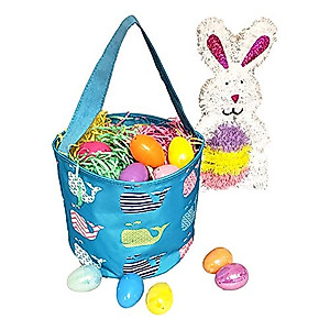 101 BEACH Fabric Bucket Tote Bag for Children - Toys - Easter Basket - Can Be Personalized (Turquoise Whale - Embroidered Name)