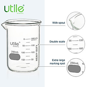 Utile 12pcs of Heavy Duty Glass Beakers, Vol.250m(8.5oz), Borosilicate 3.3 Glass with Double Scaled Printed Graduation, 4046.0250.12