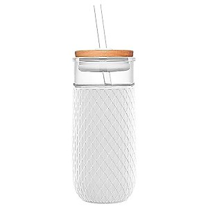 Ello Devon 18oz Glass Tumbler with Straw, Friction Fit Bamboo Wood Lid and Silicone Sleeve | Perfect for Iced Coffee, Tea, and Smoothies | White