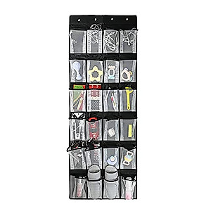 CdyBox 24 Grid Door Rear Finishing Storage Hanging with 4 Silver-plated Metal Hooks Over the Door Shoe Organizer (Black)