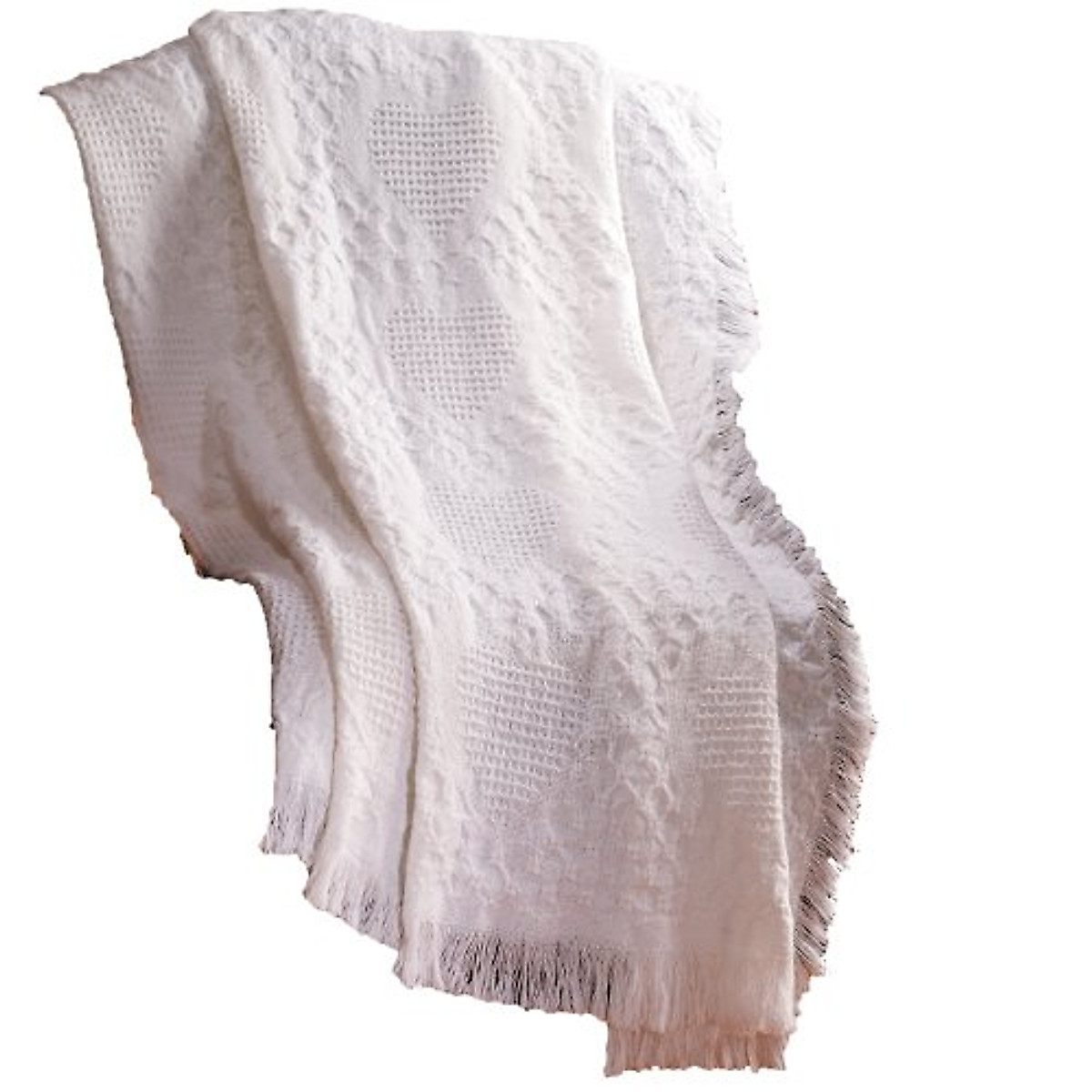 Manual 46 X 60-Inch Basketweave Heart 2-Layer Cotton Throw Blanket, White
