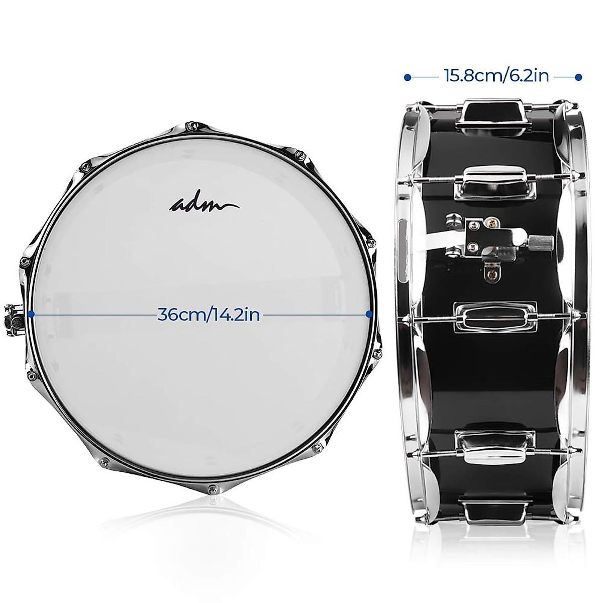 ADM 14"X 5.5" Snare Drum Set, Kids Student Snare Drum Beginner Kit with Stand, Drum Mute Pad, Strap, Drum Sticks, Drum Keys, Black