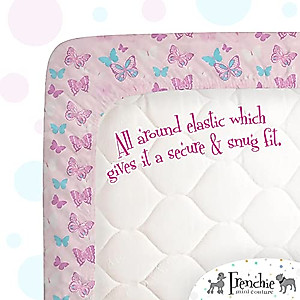 Frenchie Mini Couture, Fitted Crib Sheet Single, 100% Woven Cotton, Toddler Fitted Sheet, Fits Standard Size Baby Mattress 28 x 52 x 8in, Butterfly (Pink)