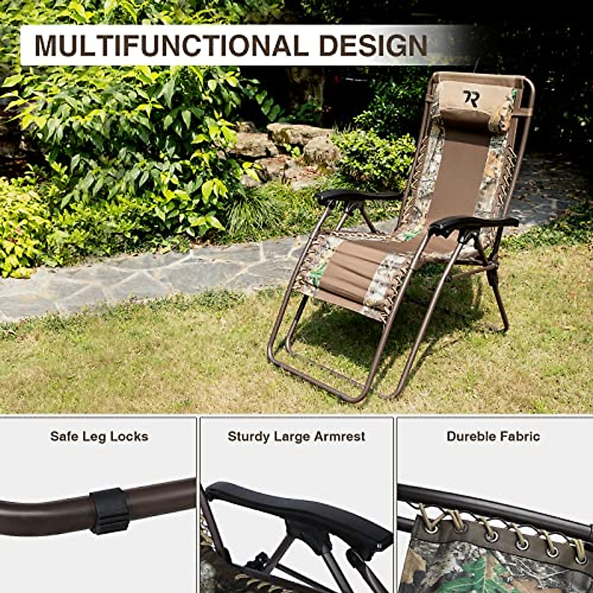 TR Outdoor Zero Gravity Chair Heavy Duty Support 400Lbs Padded Reclining Folding Patio Lounge Chair with Removable Headrest Adjustable Recliner (CAMO)
