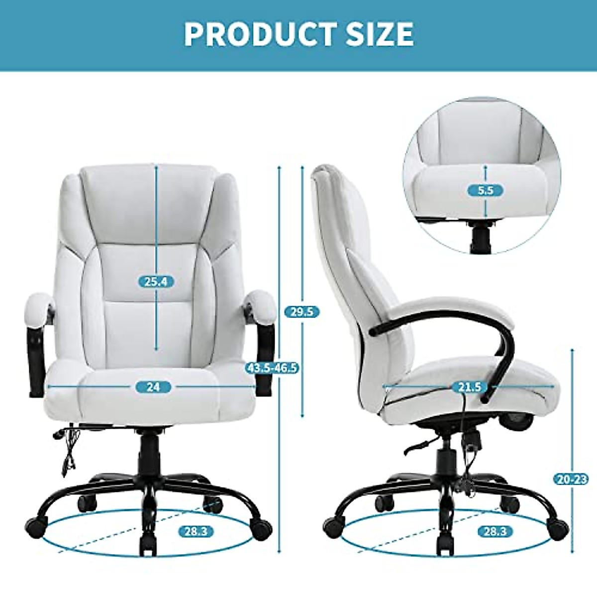 LCH Big &amp; Tall Office Chair 500lbs PU Leather Ergonomic Computer Chair, Home Desk Chair Wide Seat Executive Chair with Massage Lumbar Support &amp; Soft Arms for Heavy People (White)
