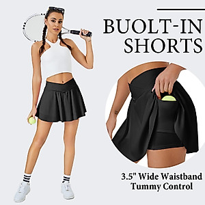 DLOODA Womens Tennis Skirt with Pockets Shorts Crossover High Waisted Athletic Skorts Skirts for Golf Running Workout (Black S)