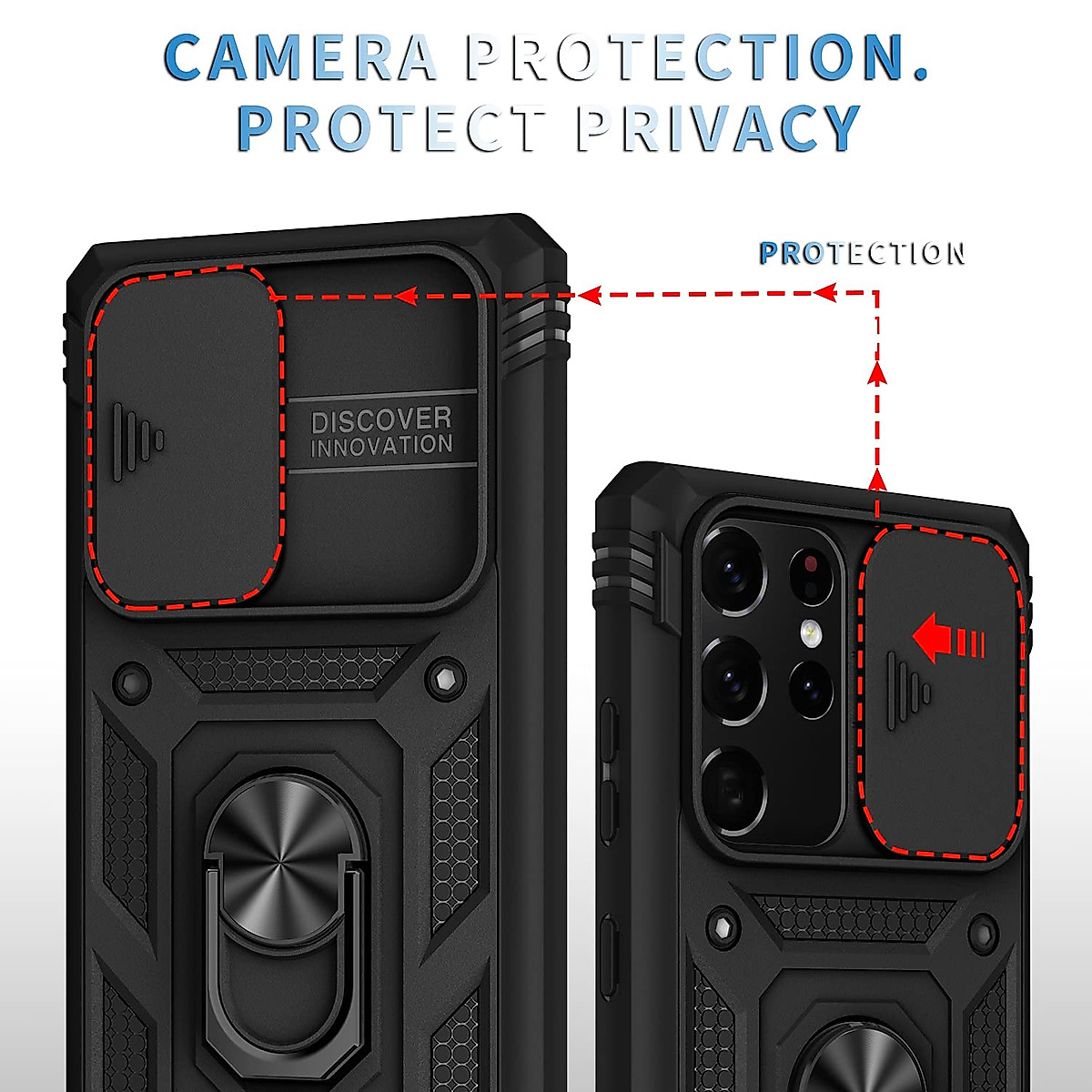 PASNEW for Samsung Galaxy S21 Ultra Case,360° Metal Ring Kickstand & Camera Cover Slide & Charge Port Dust Plug,Military Heavy Duty Full Body Shockproof Hard Shell for S21Ultra,6.8 inch,Black