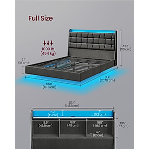 VASAGLE Full Size Floating Bed Frame with LED Lights, Full Bed Frame with Charging Station, Tufted Storage Headboard, Upholstered Platform Bed Frame, No Box Spring Needed, Dark Gray URMB852G71